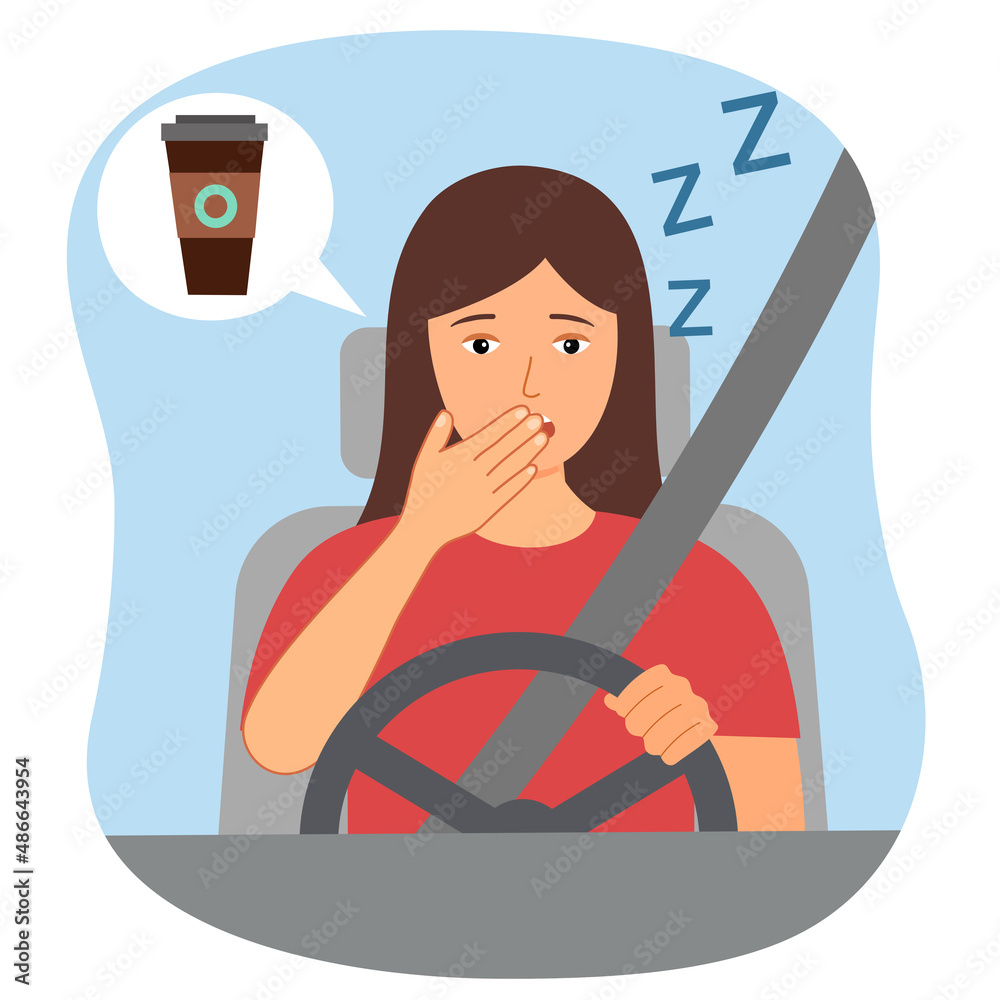 Sleepy tired driver thinking about coffee in flat design on white ...