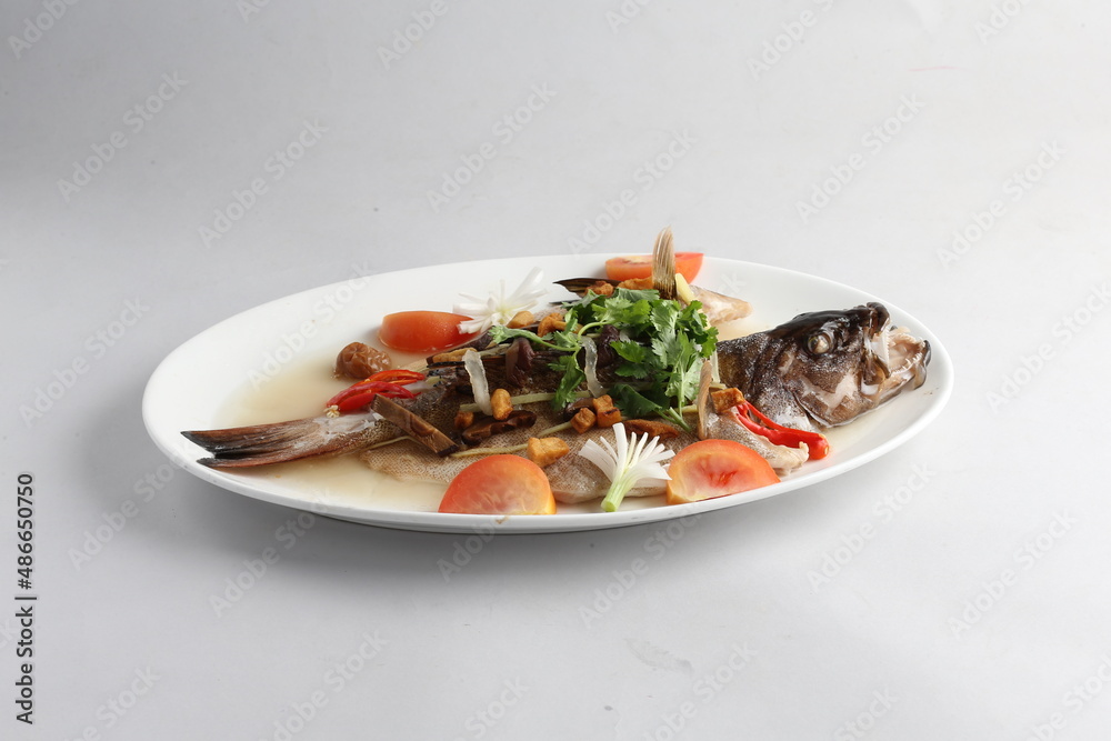 teo chew steamed whole fresh red grouper fish in salted vegetable ...
