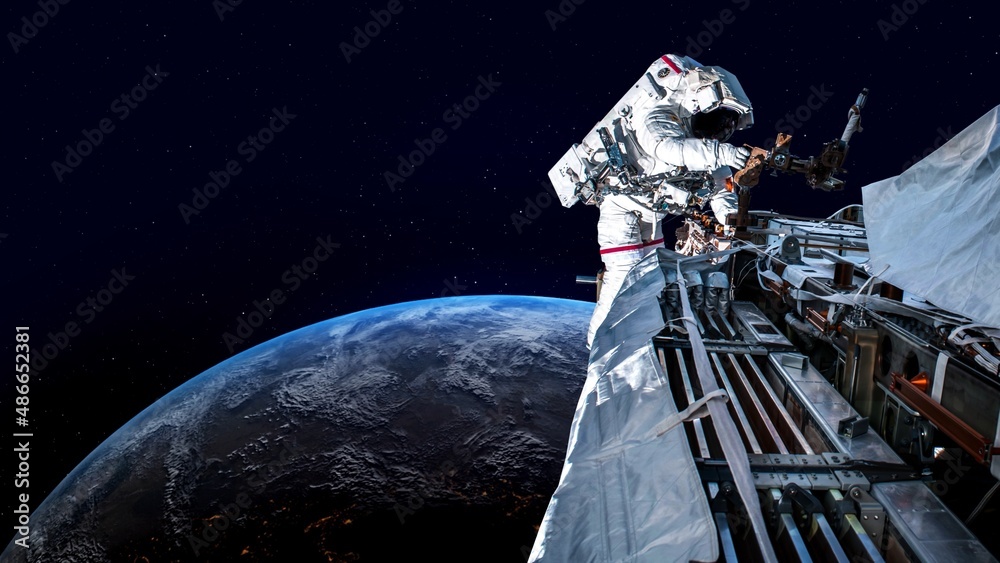 Astronaut spaceman do spacewalk while working for spaceflight mission ...