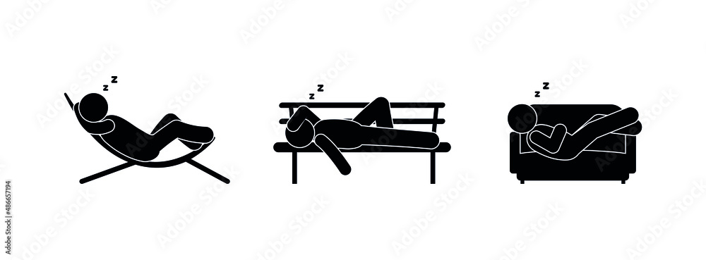 stickman fell asleep, man is resting, sleeping people icons set ...