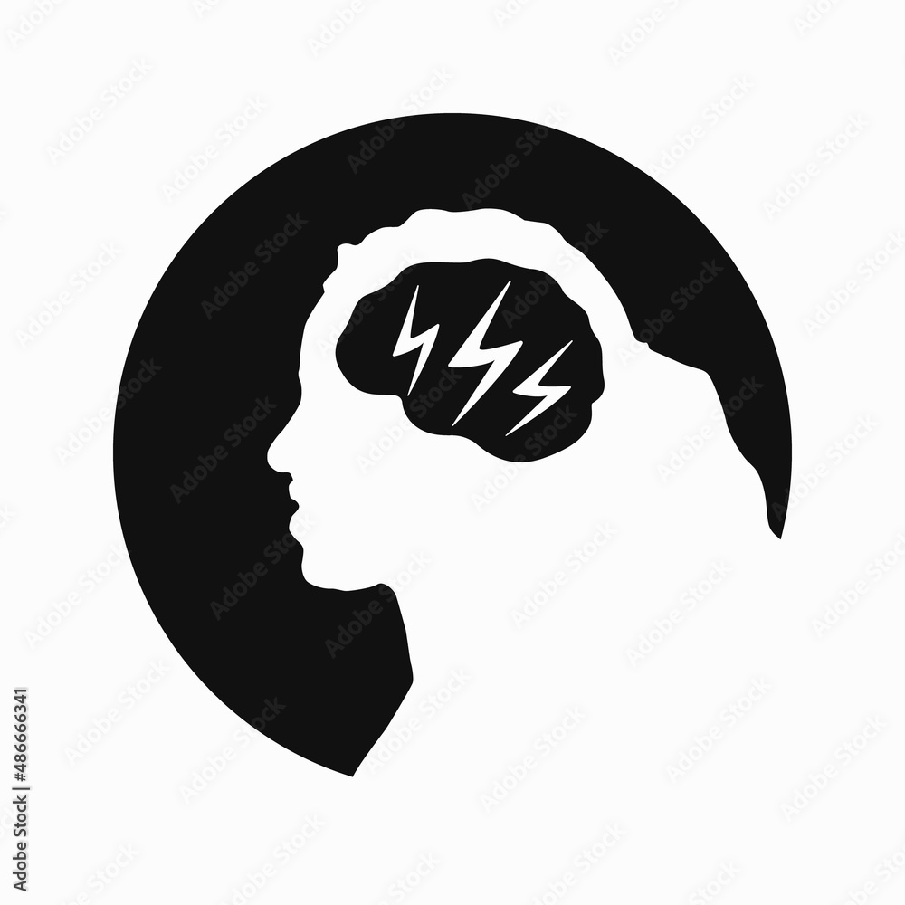 Migraine linear icon. Woman head with lightning bolt. Thunderclap head ...
