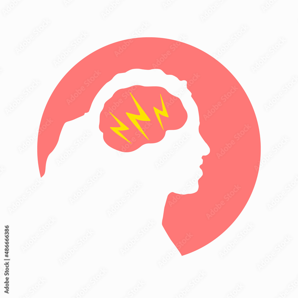 Migraine linear icon. Woman head with lightning bolt. Thunderclap head ...