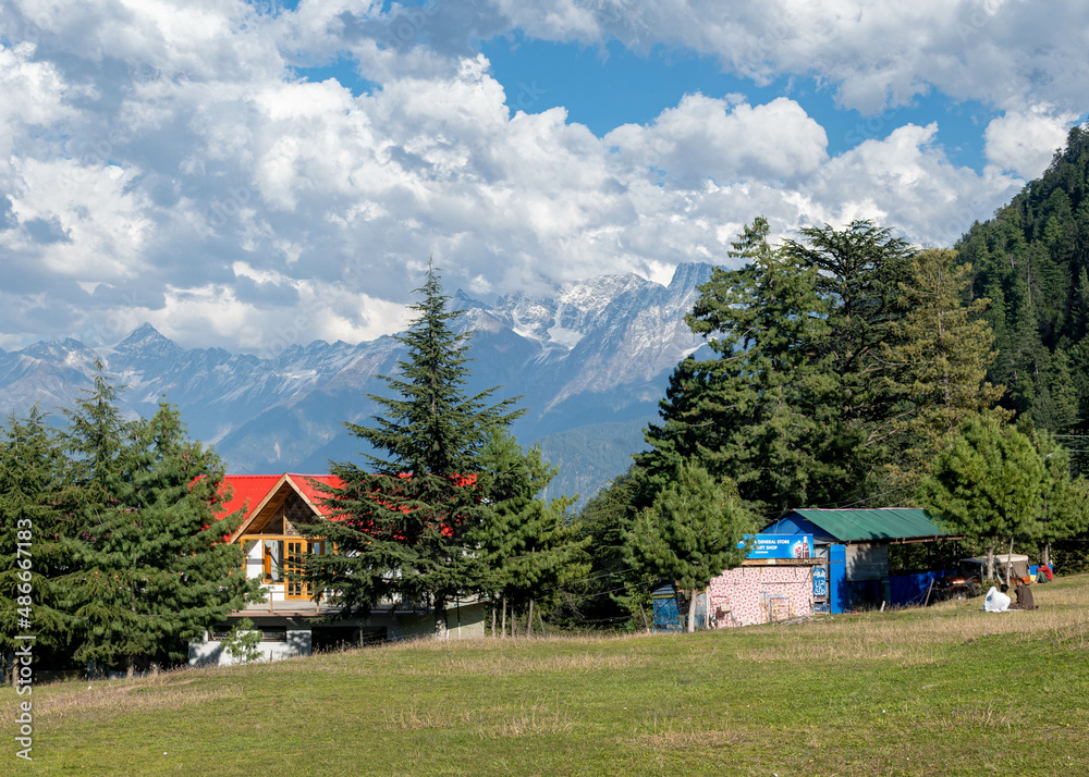 Blue Sky with full of White Clouds, and green trees, and the mountain ...