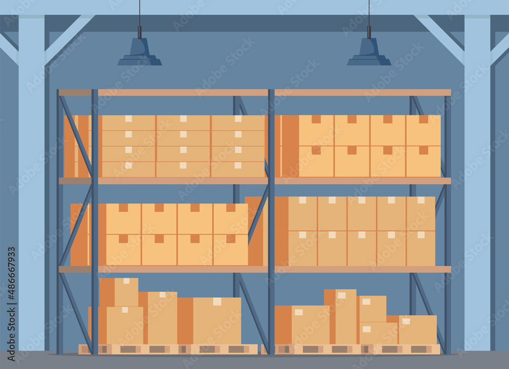 Warehouse. Storage. Shelvings with cardboard boxes. Warehouse racks ...