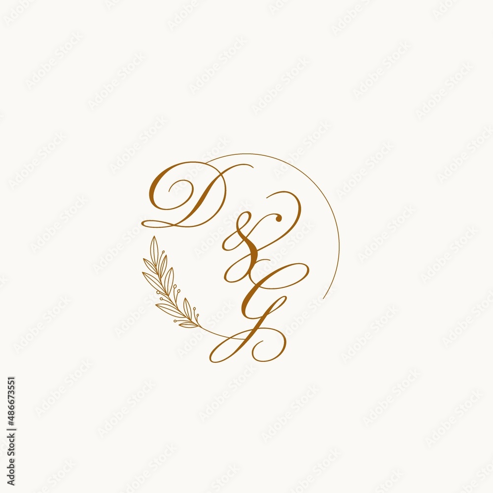 Initials DG wedding monogram logo with leaves and elegant circular ...