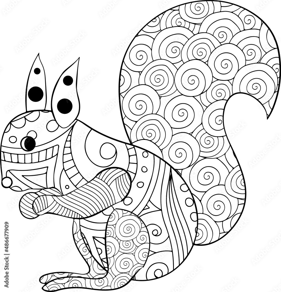 Doodle stylized squirrel, Adult antistress coloring page. mandala ...