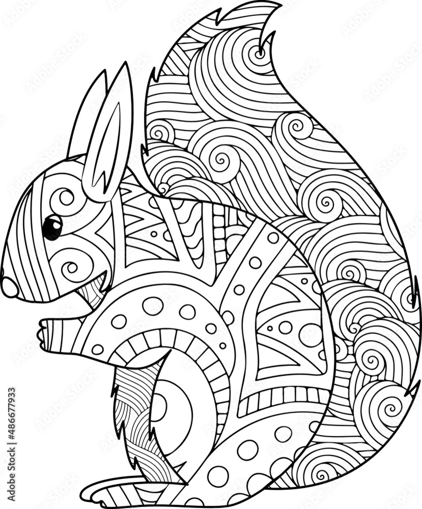 Doodle stylized squirrel, Adult antistress coloring page. mandala ...