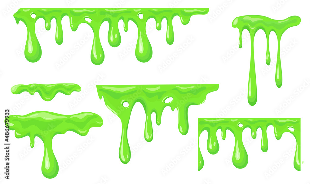 Slime vector set. Green cartoon slime. Goo blob splashes, sticky ...