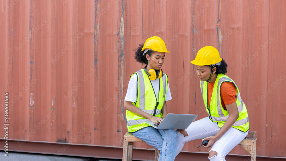 Two African female sisters in safety uniform and hardhat use computer ...