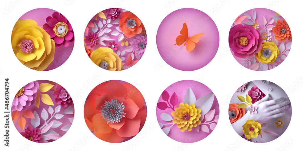 3d illustration, assortment of round botanical stickers isolated on ...