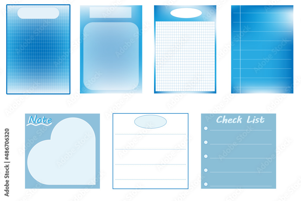 set of the cute blue notepad template, printable memo, striped note ...