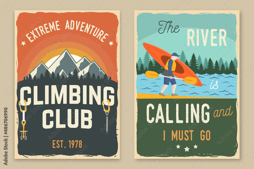 Set of climbing and kayaking retro posters. Vector. Vintage typography ...