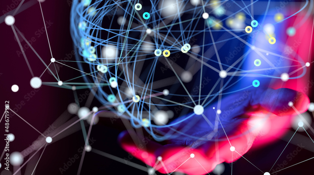 Global network. Blockchain. 3D illustration. Neural networks and ...
