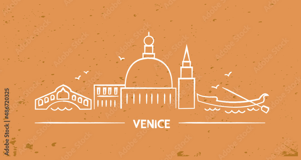 Venice vector illustration in the art line style. White doodle lines on ...