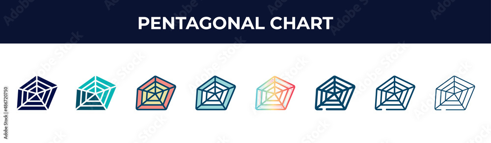 pentagonal chart vector icon in 8 different modern styles. black, two ...