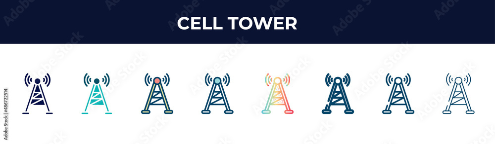 cell tower vector icon in 8 different modern styles. black, two colored ...