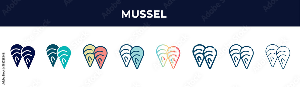 mussel vector icon in 8 different modern styles. black, two colored ...