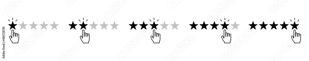 Rating star click set. Five, four, three, two, one stars. Evaluation ...