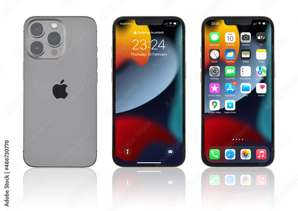 Front and back view of new Apple iPhone 13 Pro Space Gray Stock Photo ...