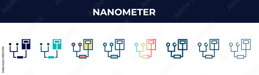 nanometer vector icon in 8 different modern styles. black, two colored ...