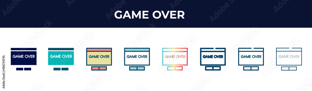 game over vector icon in 8 different modern styles. black, two colored ...