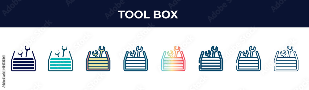 tool box vector icon in 8 different modern styles. black, two colored ...