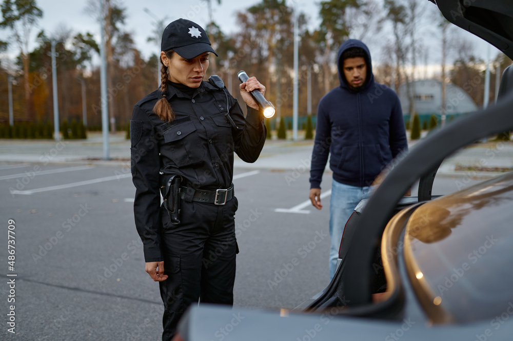 Woman police officer inspecting car with flashlight Stock Photo | Adobe ...