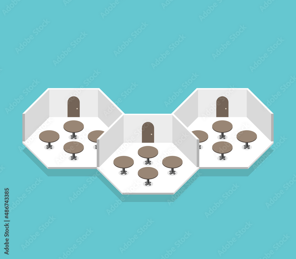 Isometric floorplan of hexagonal rooms with tables. Modern minimal ...