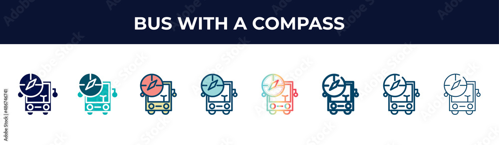 bus with a compass vector icon in 8 different modern styles. black, two ...