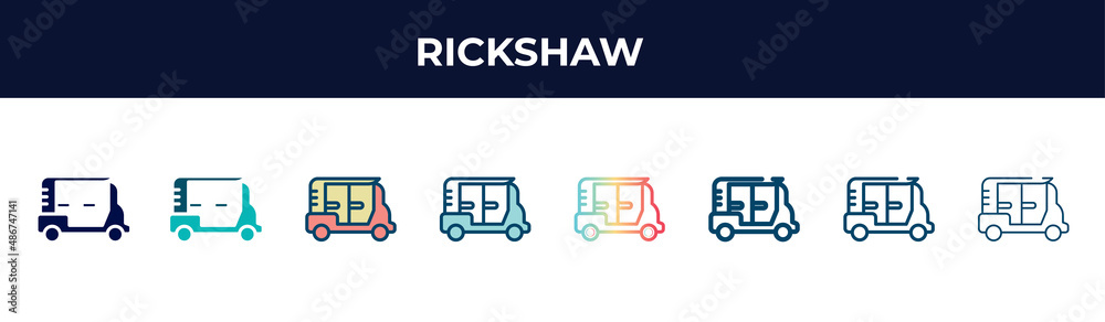 rickshaw vector icon in 8 different modern styles. black, two colored ...