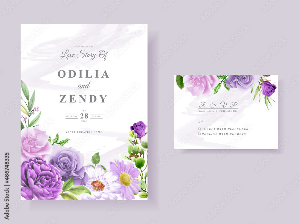 beautiful purple floral wedding invitation card template Stock Vector ...