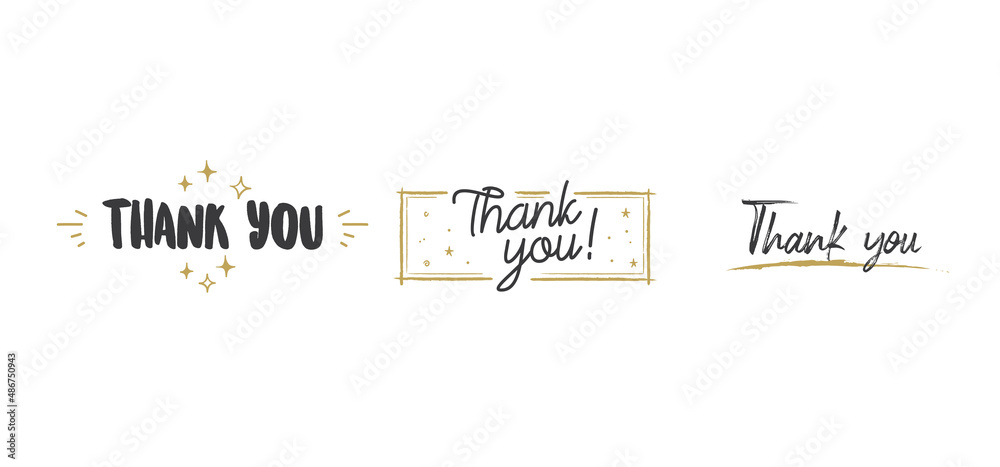 Thank you lettering. Black text word with gold stars. Hand drawn ...