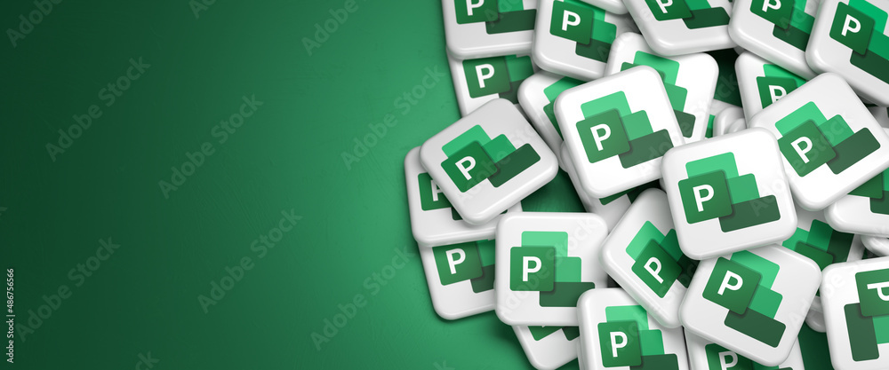 Logos of the Microsoft Project software for Project Planning on a heap ...