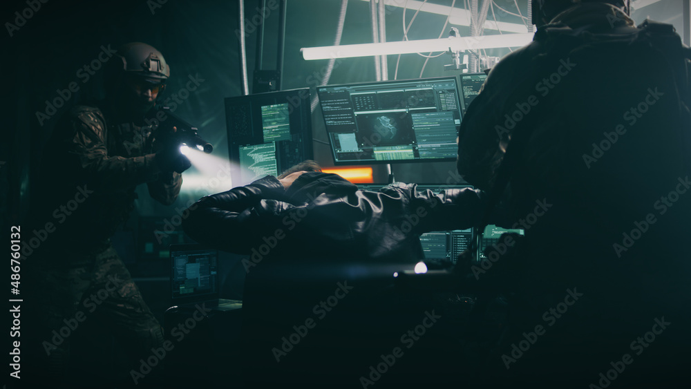 Police tactical unit soldiers with guns arresting cyber criminal during ...