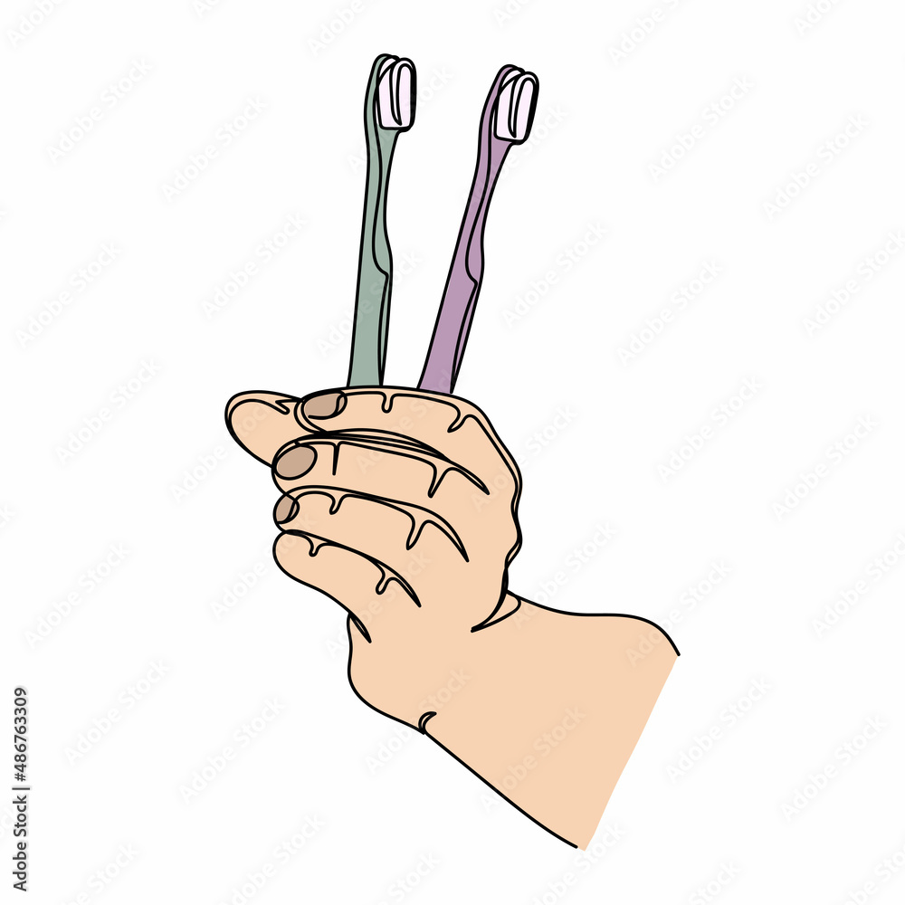 Continuous one simple single line drawing of hand holding with teeth ...