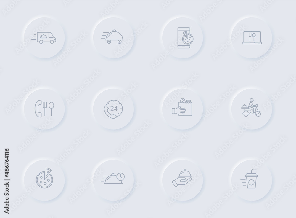 food delivery gray vector icons on round rubber buttons. food delivery ...