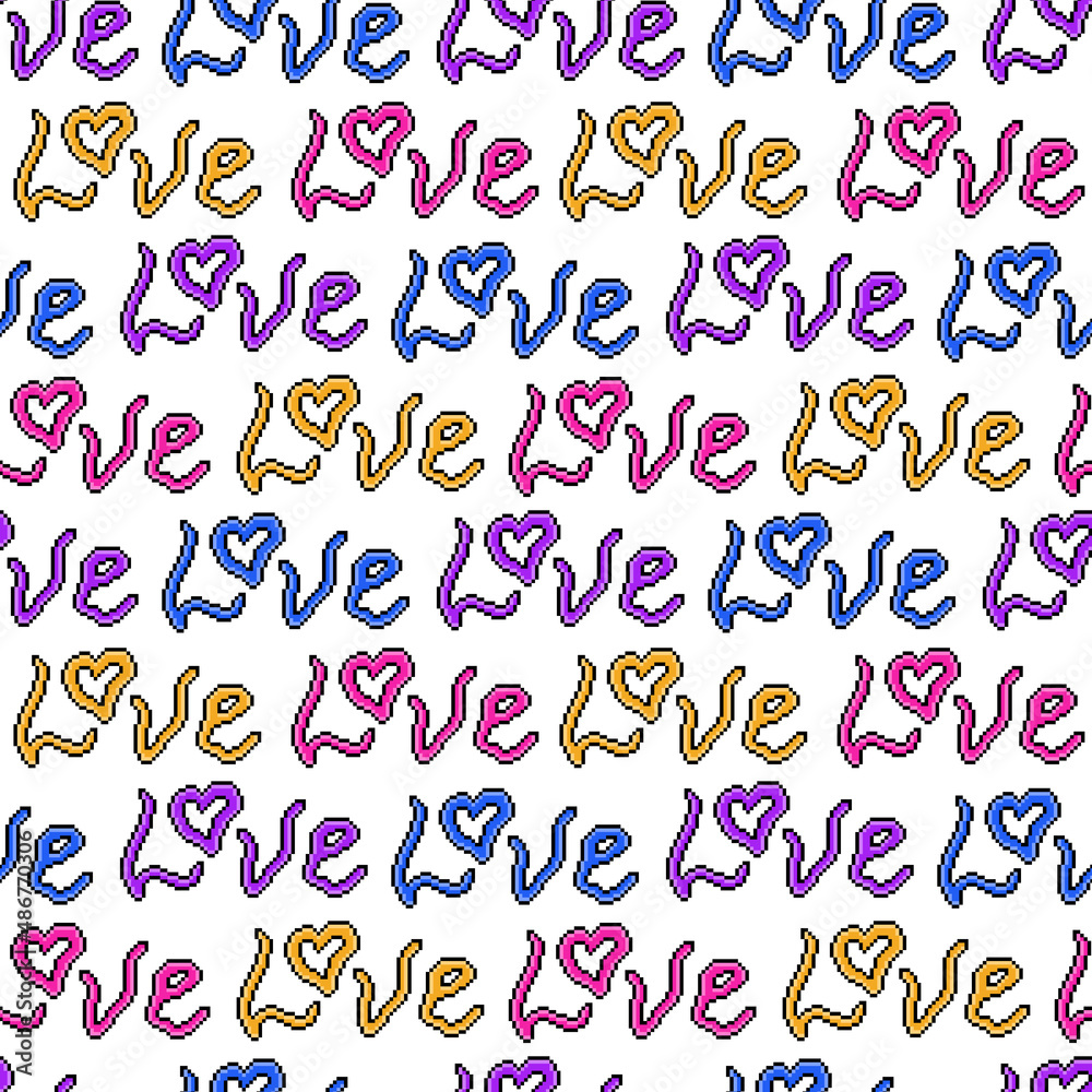 Many repeated pixel art love words in different color on white ...