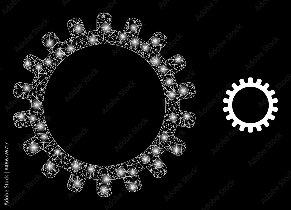 Cog icon and constellation net mesh cog model with glitter light spots ...