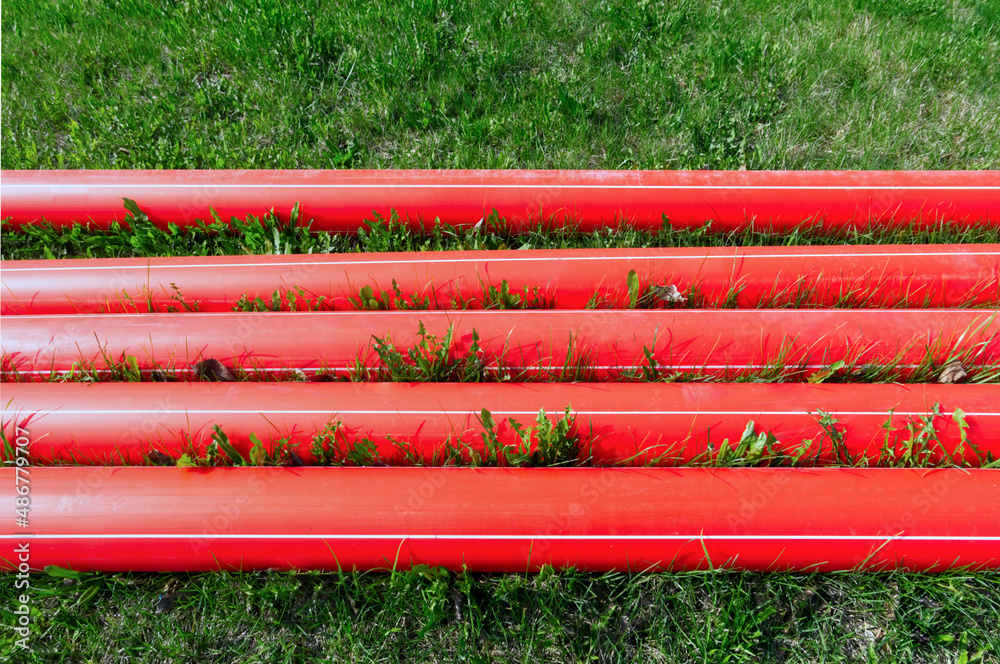 Bright red plastic water pipes on a wet green lawn are prepared for the ...
