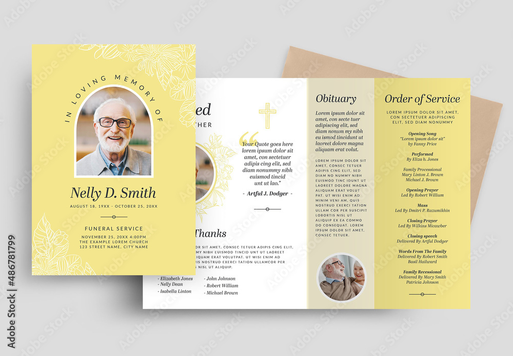 Yellow Funeral Program Obituary Memorial Service Layout Stock Template ...
