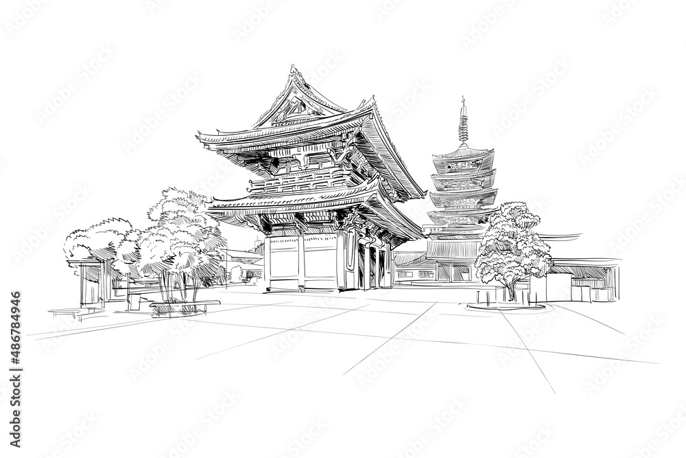 Tokyo. Buddhist temple. Japan. Hand drawn sketch. Vector illustration ...