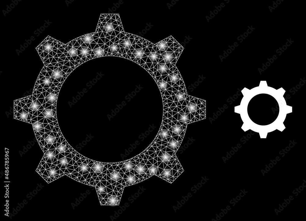 Gear icon and glowing net mesh gear model with glowing light spots ...