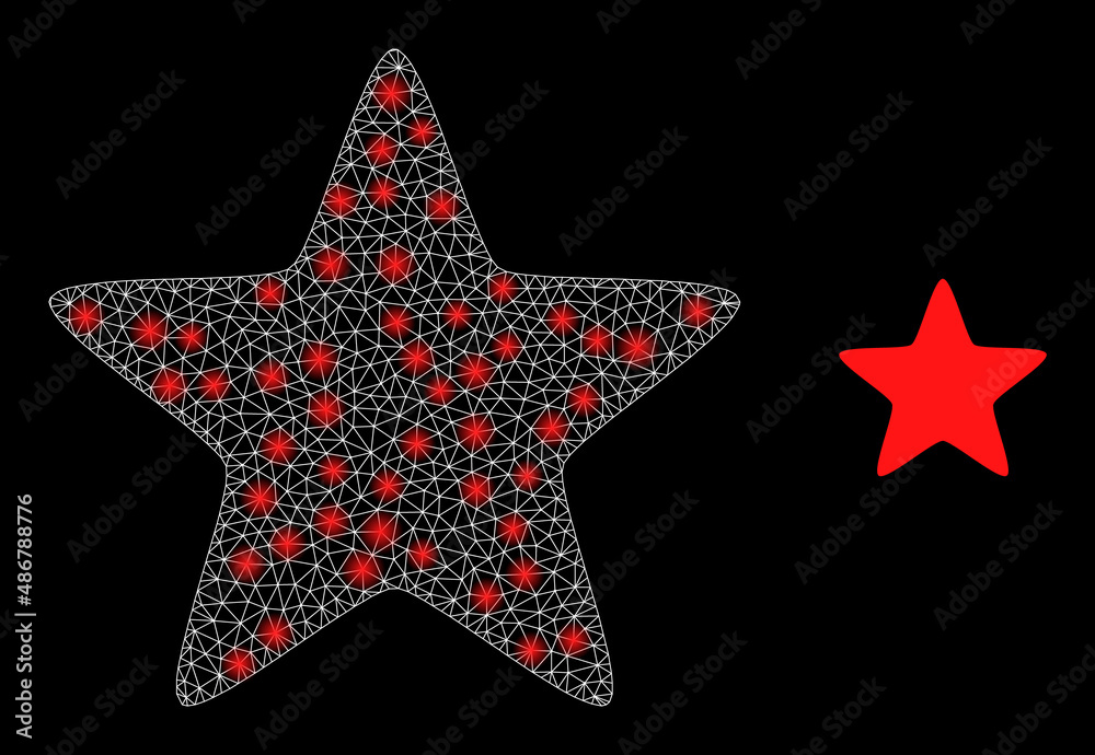Red star icon and bright net mesh red star structure with illuminated ...