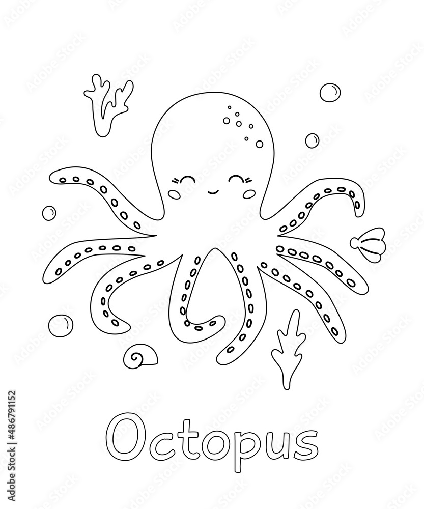 Coloring page with cute cartoon octopus. Hand drawn corals, seaweeds ...