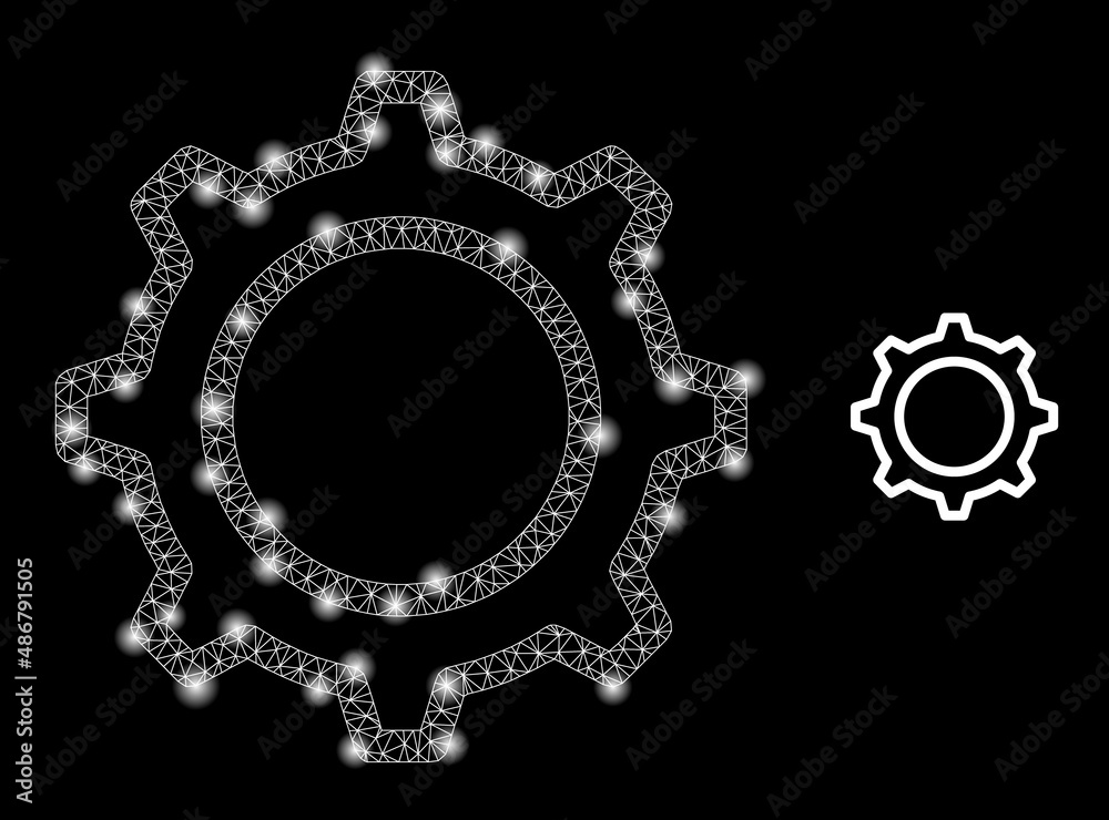 Contour Gear Icon And Bright Mesh Contour Gear Model With Illuminated Spots Illuminated Model