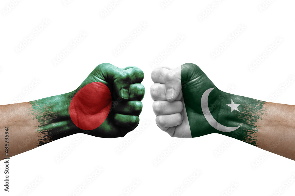 Two hands punch to each others on white background. Country flags ...