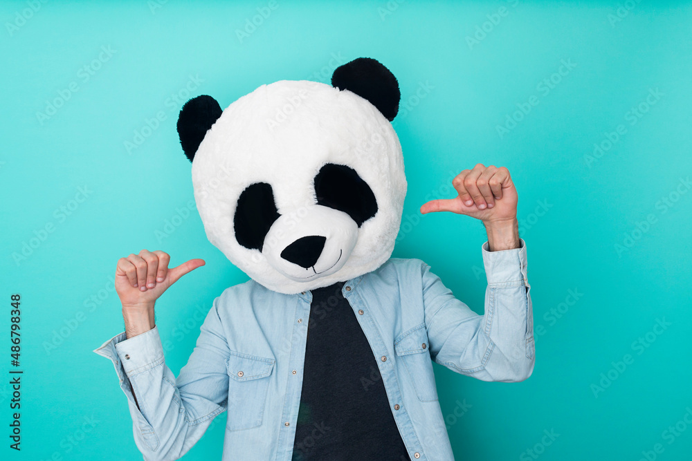 Cheerful person in panda mask pointing to himself in studio. Successful ...