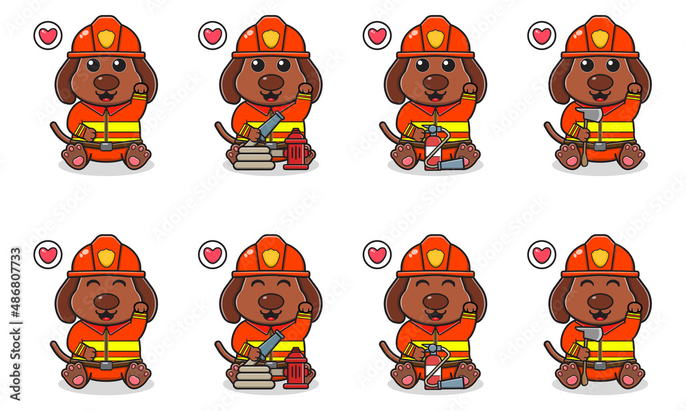 Vector Illustration of Cute sitting Dog cartoon with Firefighter ...