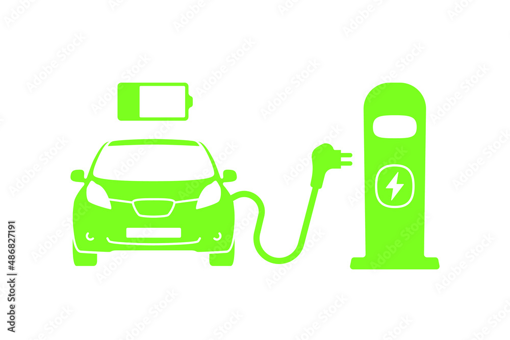 Electric car with plug graphic icon. Car charging station icon in ...