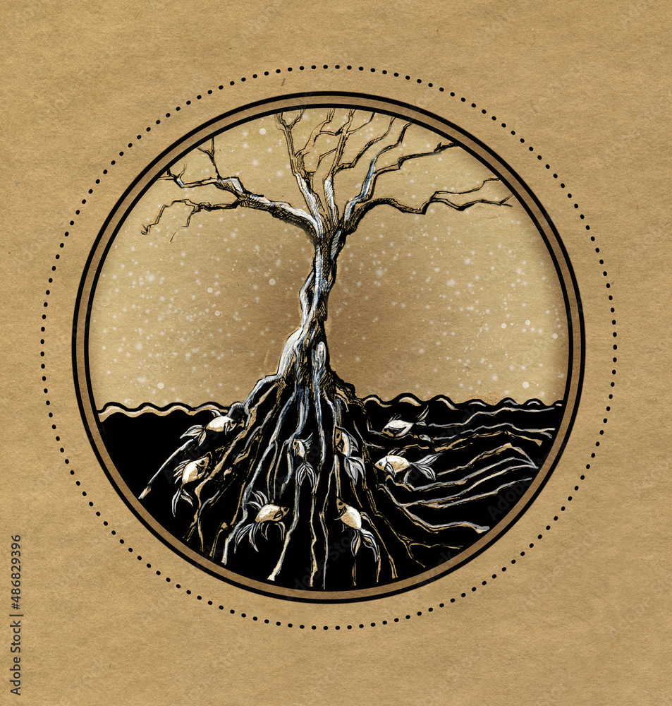 Old dried tree in the middle of the sea. Fish swim among dense roots ...